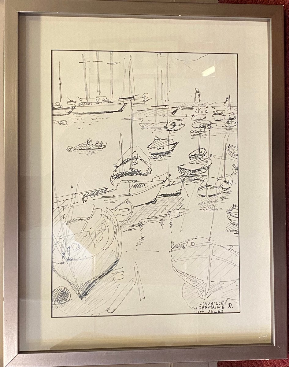 Proantic: Jules Cavaillès Boats In Port Drawing
