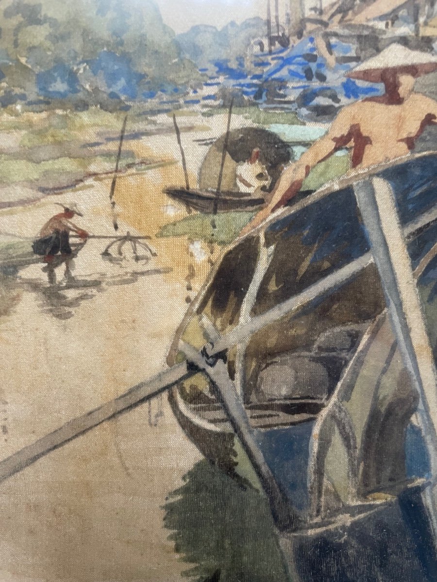 Proantic: Jonques -port Of Saigon - Léo Craste - India Ink And Waterc