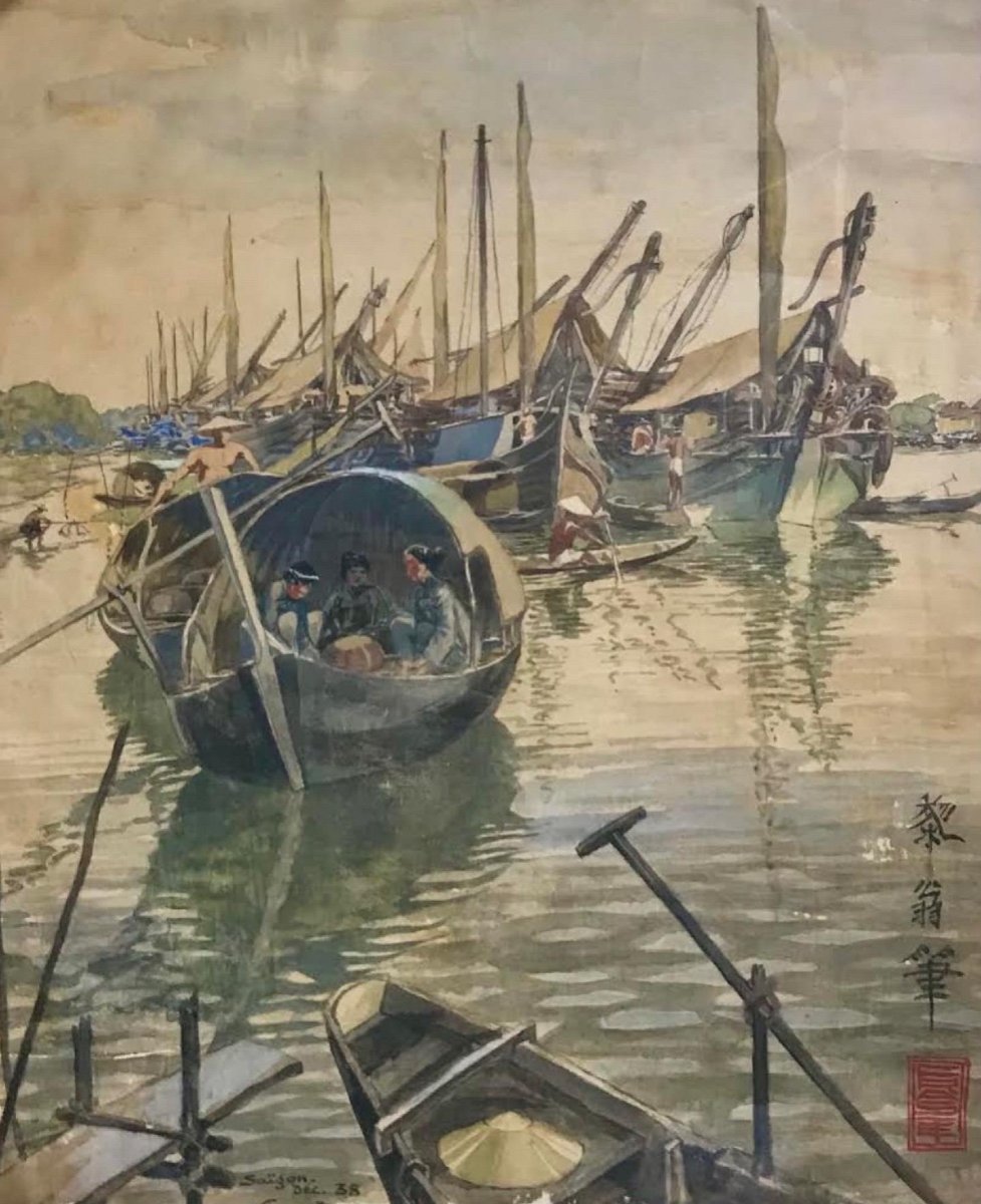 Proantic: Jonques -port Of Saigon - Léo Craste - India Ink And Waterc