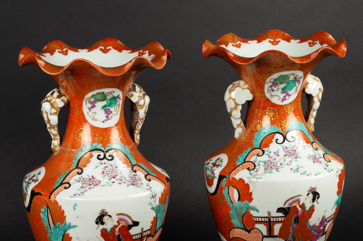 Paire De Vases Avec Geisha Et Samouraï, Kutani, Japon, ère Meiji (18