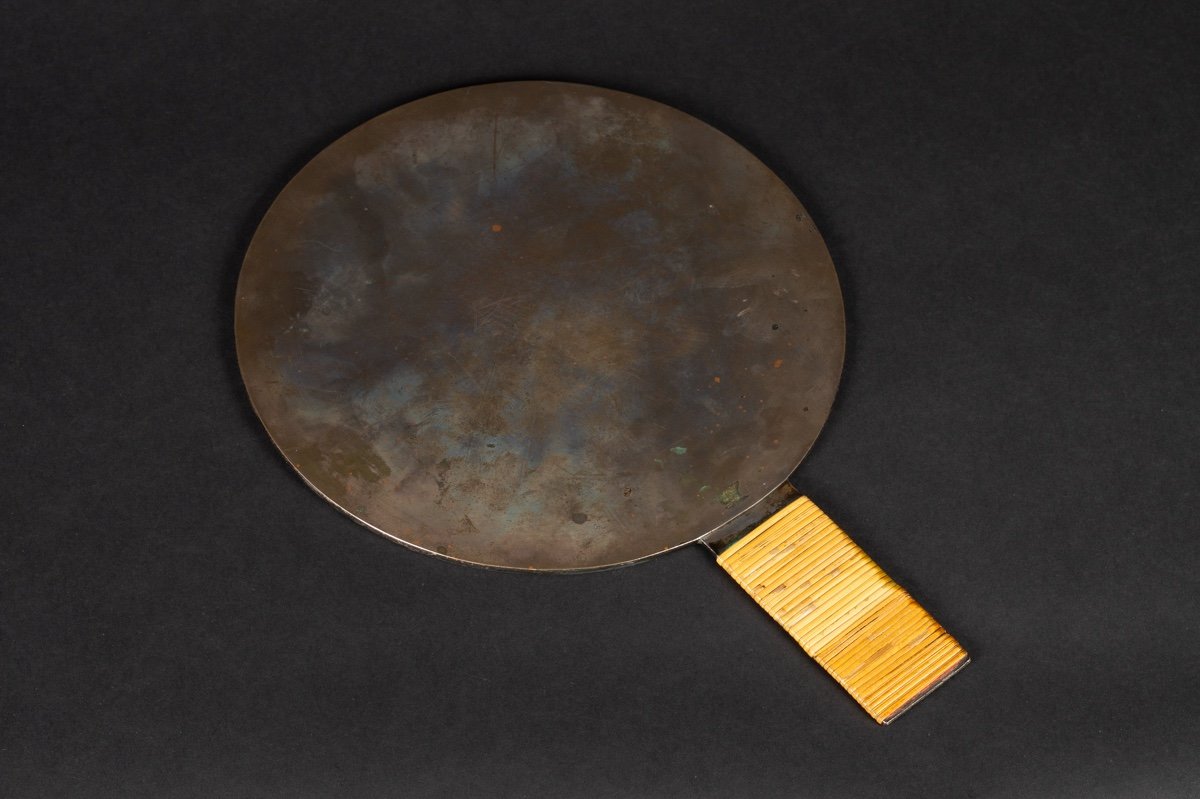 Proantic: Mirror - Kagami With Cranes, Signed, Silver Bronze, Japan, E