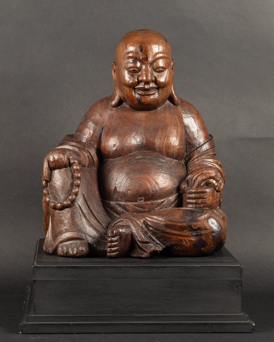 Proantic: Budai With Base, Wood, China, Qing Dynasty, 19th Century.