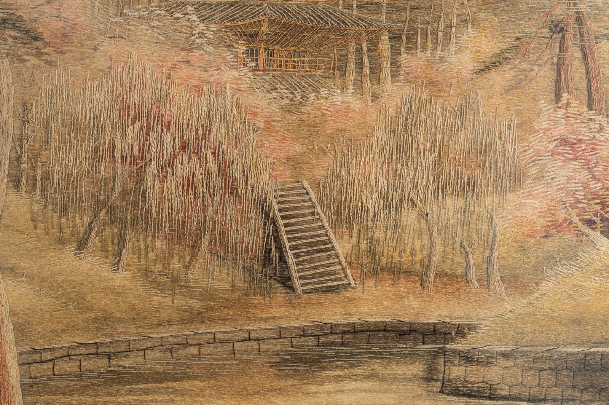 Pagoda In The Forest, Large Embroidery, Japan, Meiji Era / Taisho Era.