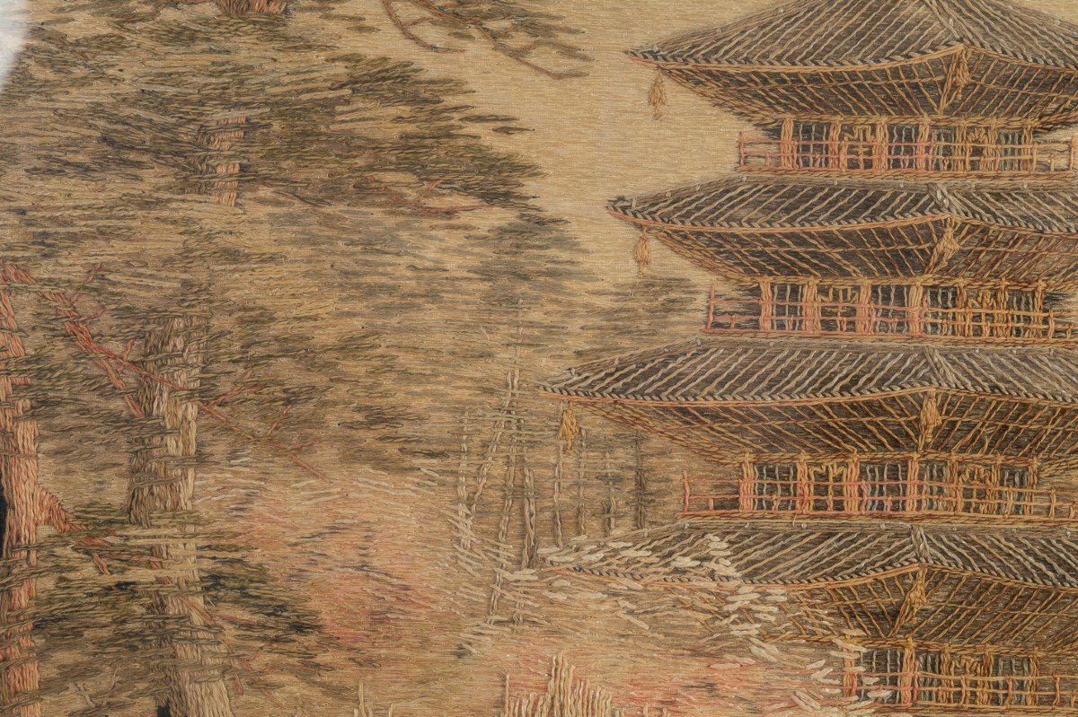 Proantic: Pagoda In The Forest, Large Embroidery, Japan, Meiji Era / T