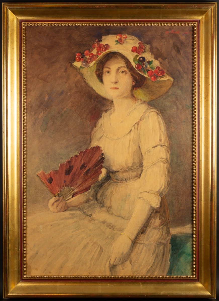 Proantic: Large Portrait Of A Woman With A Fan, Albert Pinot, 1910, Pa