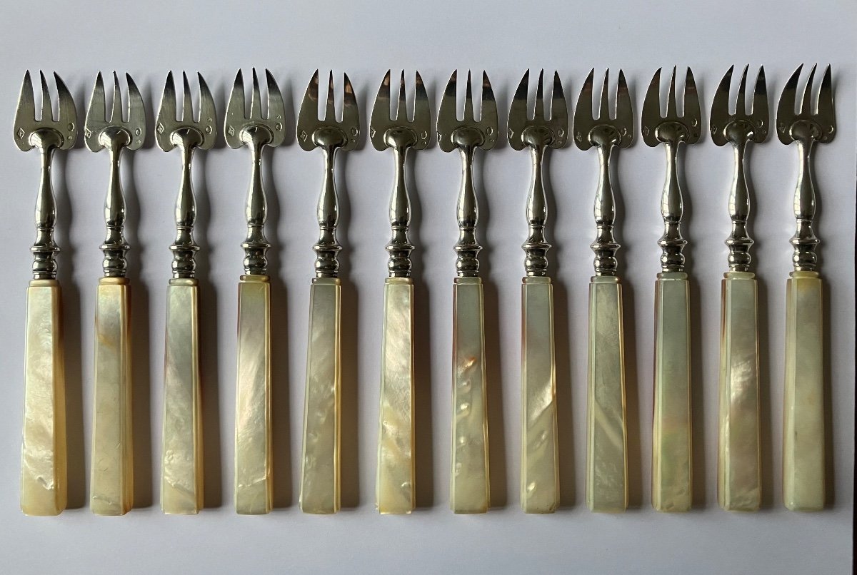 Proantic: Oyster Forks (12), Silver And Mother-of-pearl