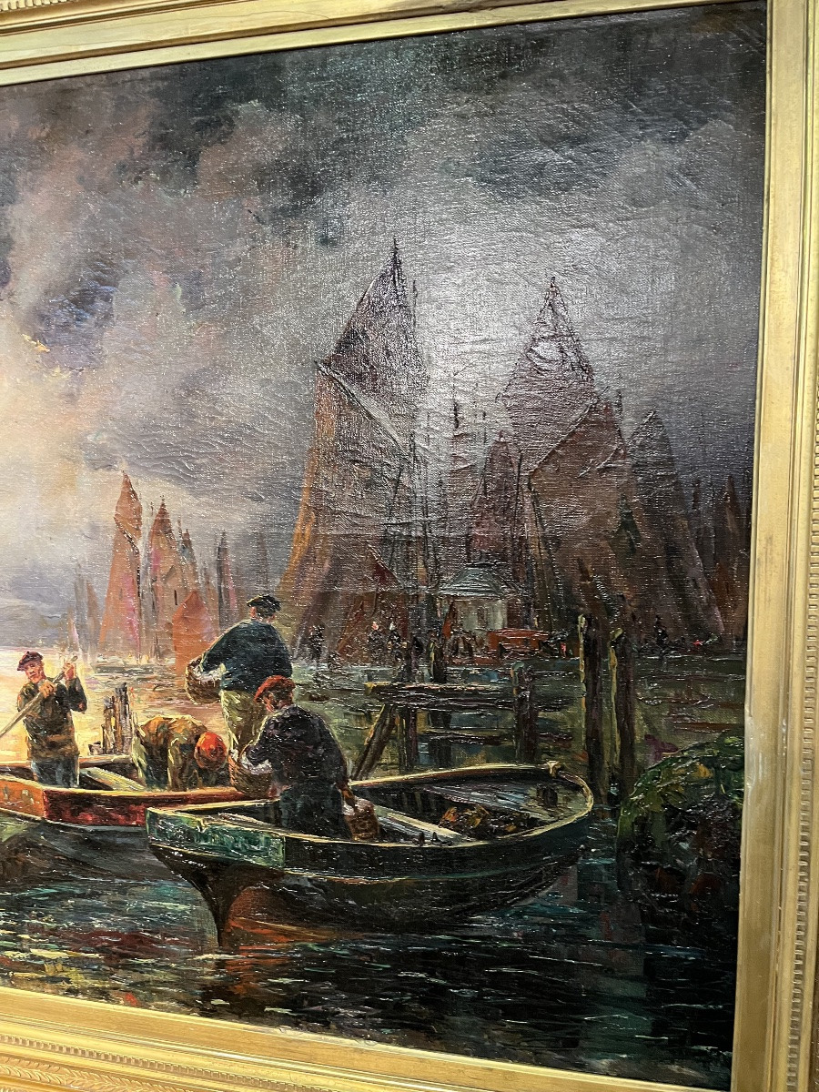 Proantic: Fisherman By Moonlight, Oil On Canvas, Signed Weil