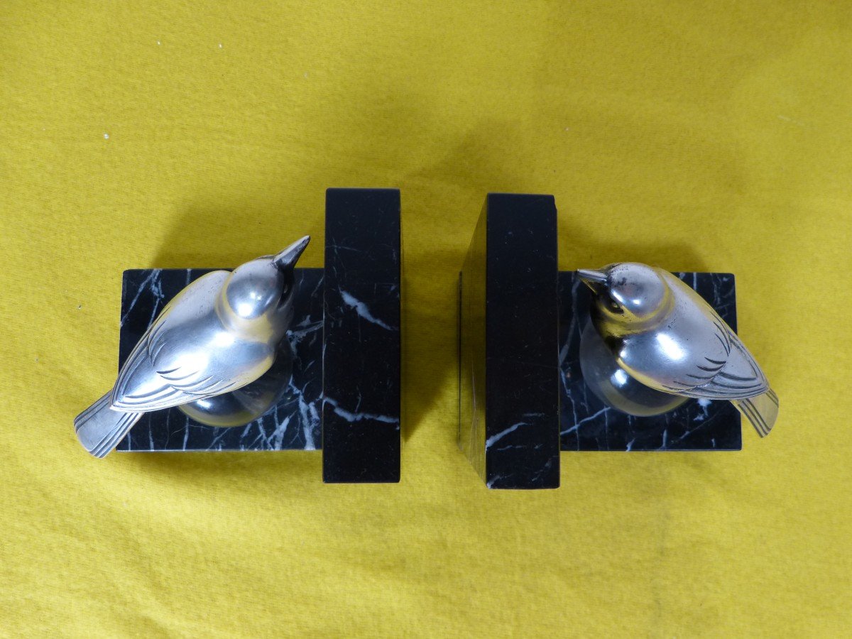 Proantic: Pair Of Art Deco Bronze And Crystal Birds Bookends