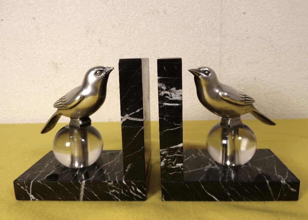 Proantic: Pair Of Art Deco Bronze And Crystal Birds Bookends