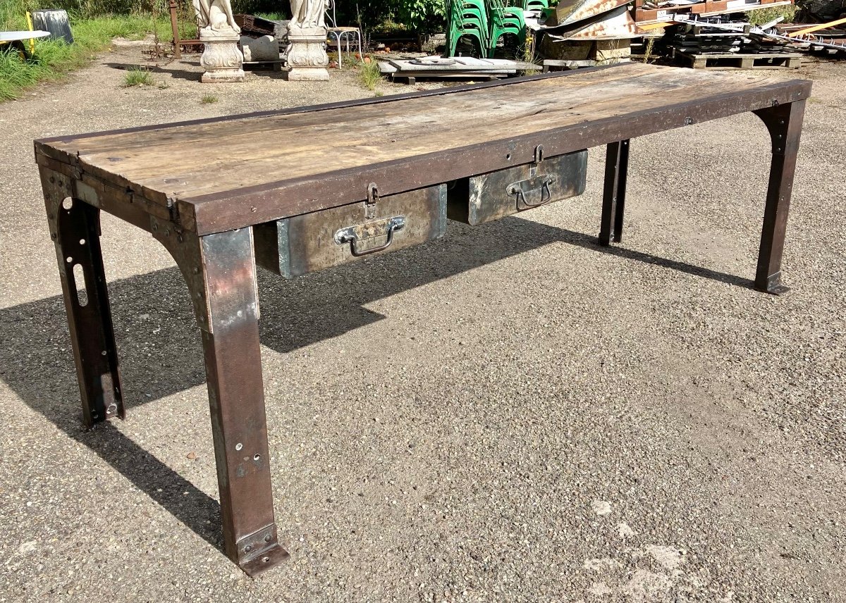Proantic: Large Industrial Cast Iron And Wood Workshop Table