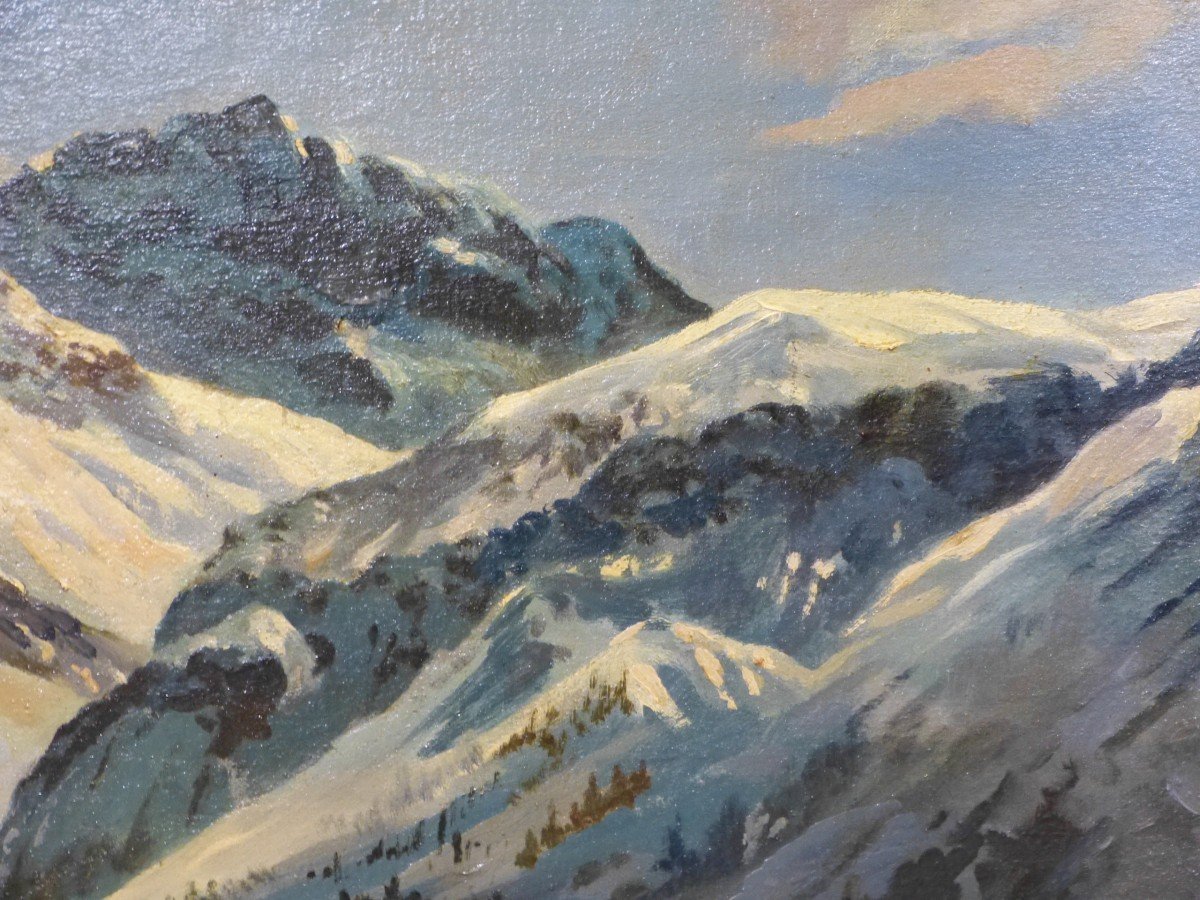 Proantic: Tableau Paysage De Montagne Neige Par Stuck Peintre Alsacien