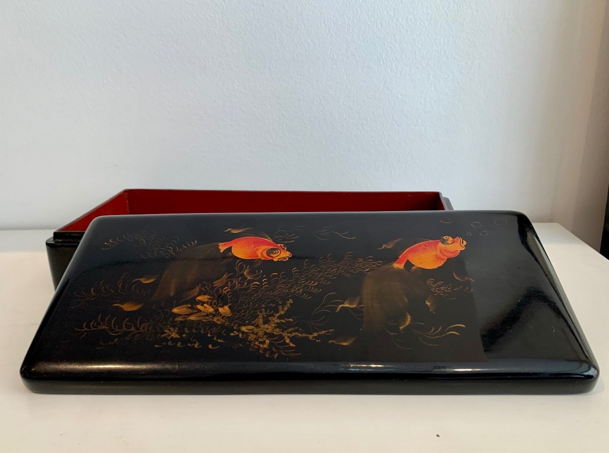 Proantic: Vietnam, 20th Century, Lacquer Box Decorated With Fish