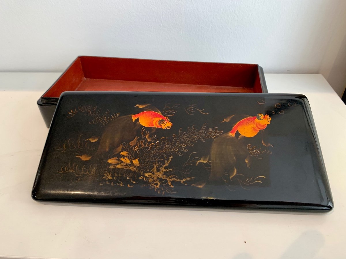 Proantic: Vietnam, 20th Century, Lacquer Box Decorated With Fish