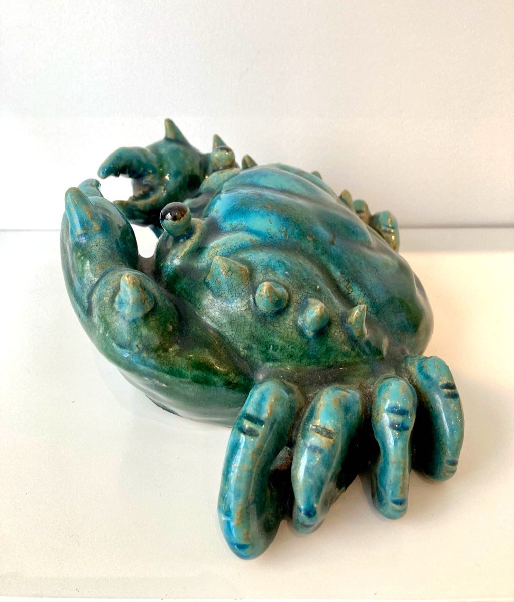 Proantic: Crab Shaped Wall Vase. Green Enamelled Terracotta. France Or