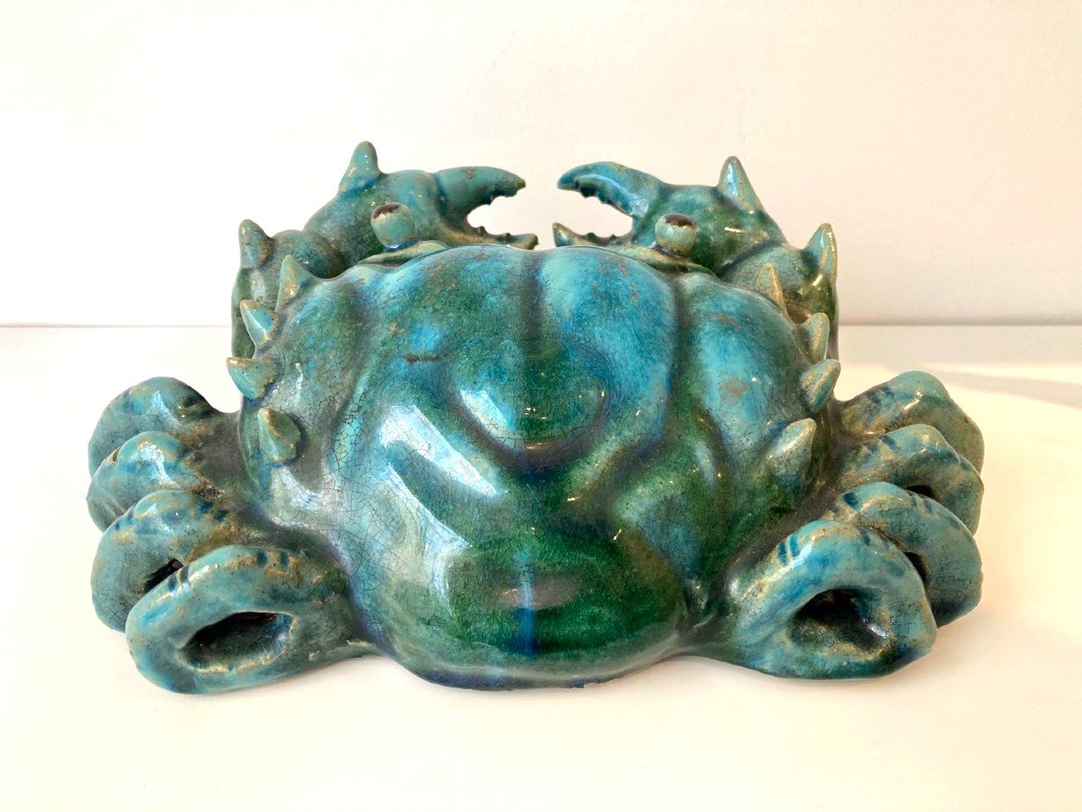 Proantic: Crab Shaped Wall Vase. Green Enamelled Terracotta. France Or