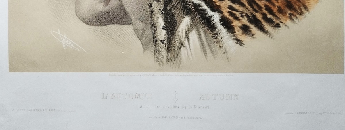 Proantic: Large Hand-colored Lithograph, An Allegory Of Autumn By Juli