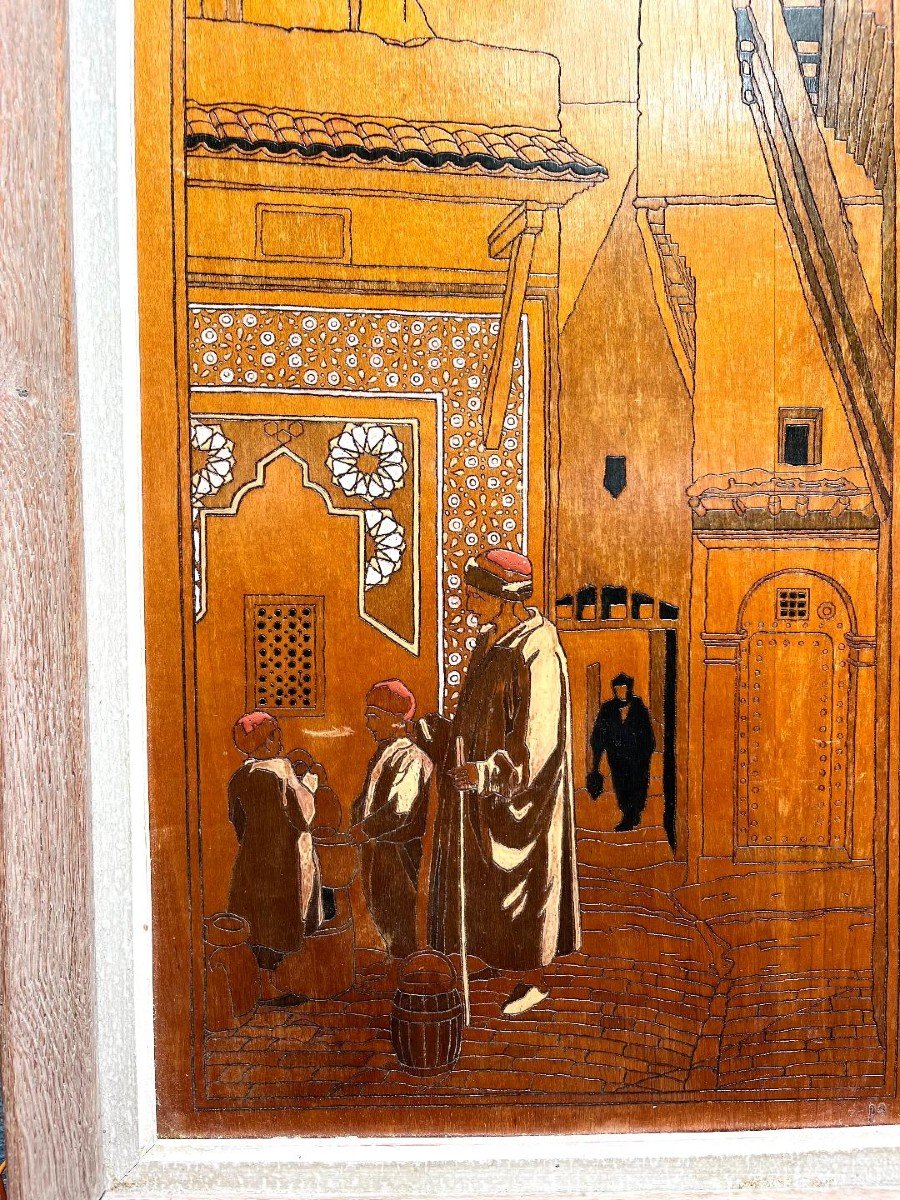 Proantic: Art Deco Work, Large Orientalist Pyrography Panel: Fountain