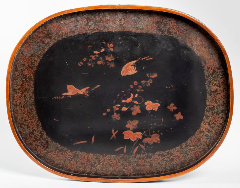 Proantic: Far East : Large Lacquer Tray With Birds And Flowered Branch