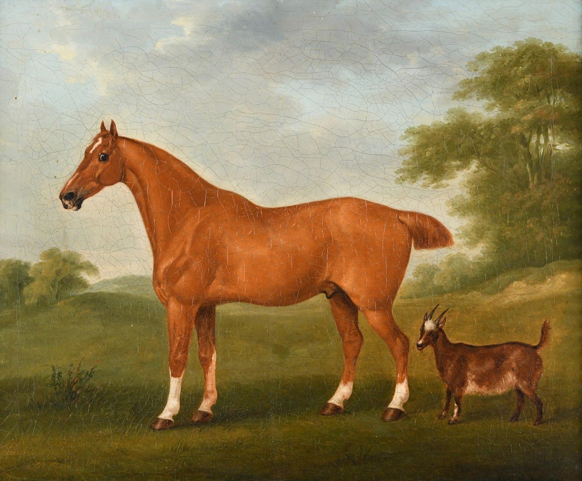 Proantic: 18th Century Painting Of A Horse And A Goat In A Landscape