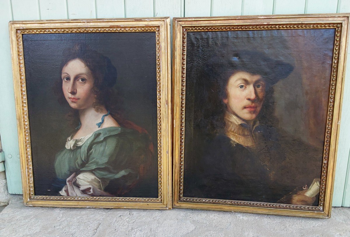 Proantic: Paire De Portraits Huiles Sur Toile Jeune Couple Italien Fin