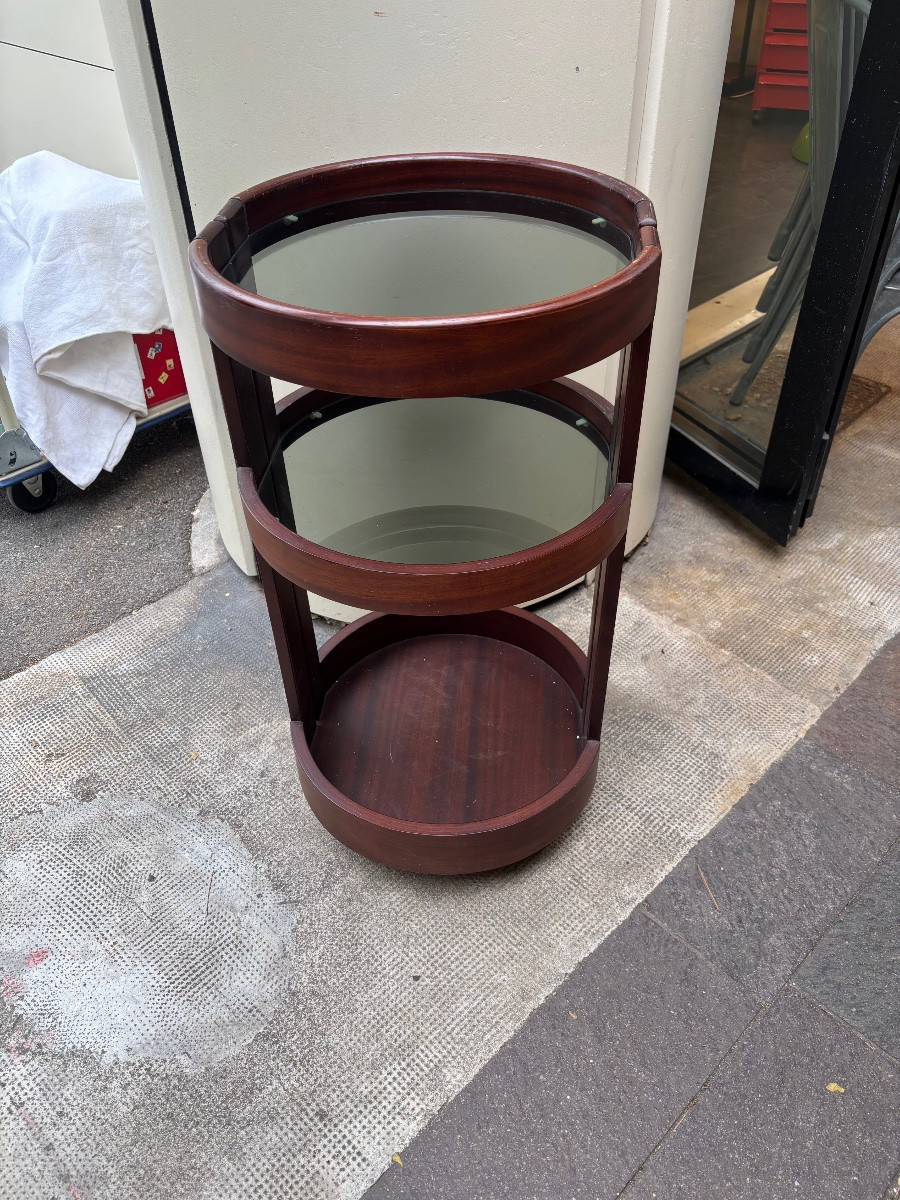 Proantic: Table roulante / desserte en bois et verre – milieu XXe sièc