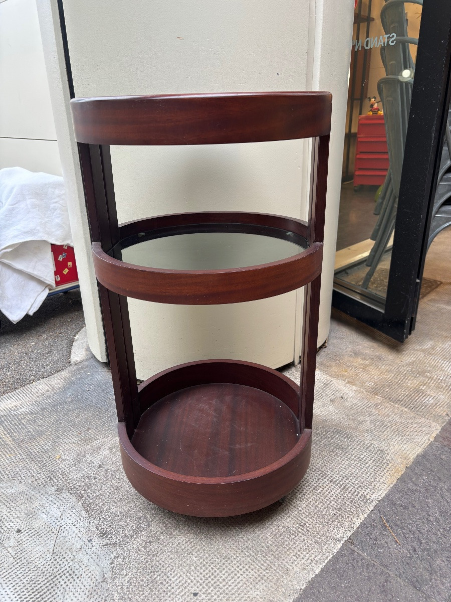 Proantic: Table roulante / desserte en bois et verre – milieu XXe sièc