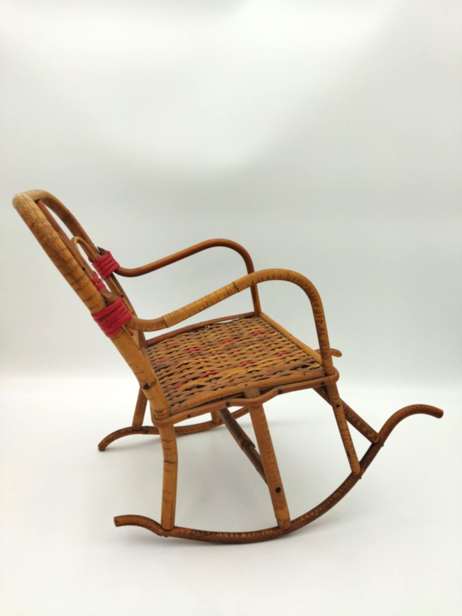Proantic: Vintage Doll Rocking Chair In Wood & Woven Rattan - Collecti