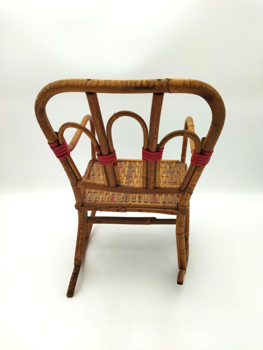 Proantic: Vintage Doll Rocking Chair In Wood & Woven Rattan - Collecti