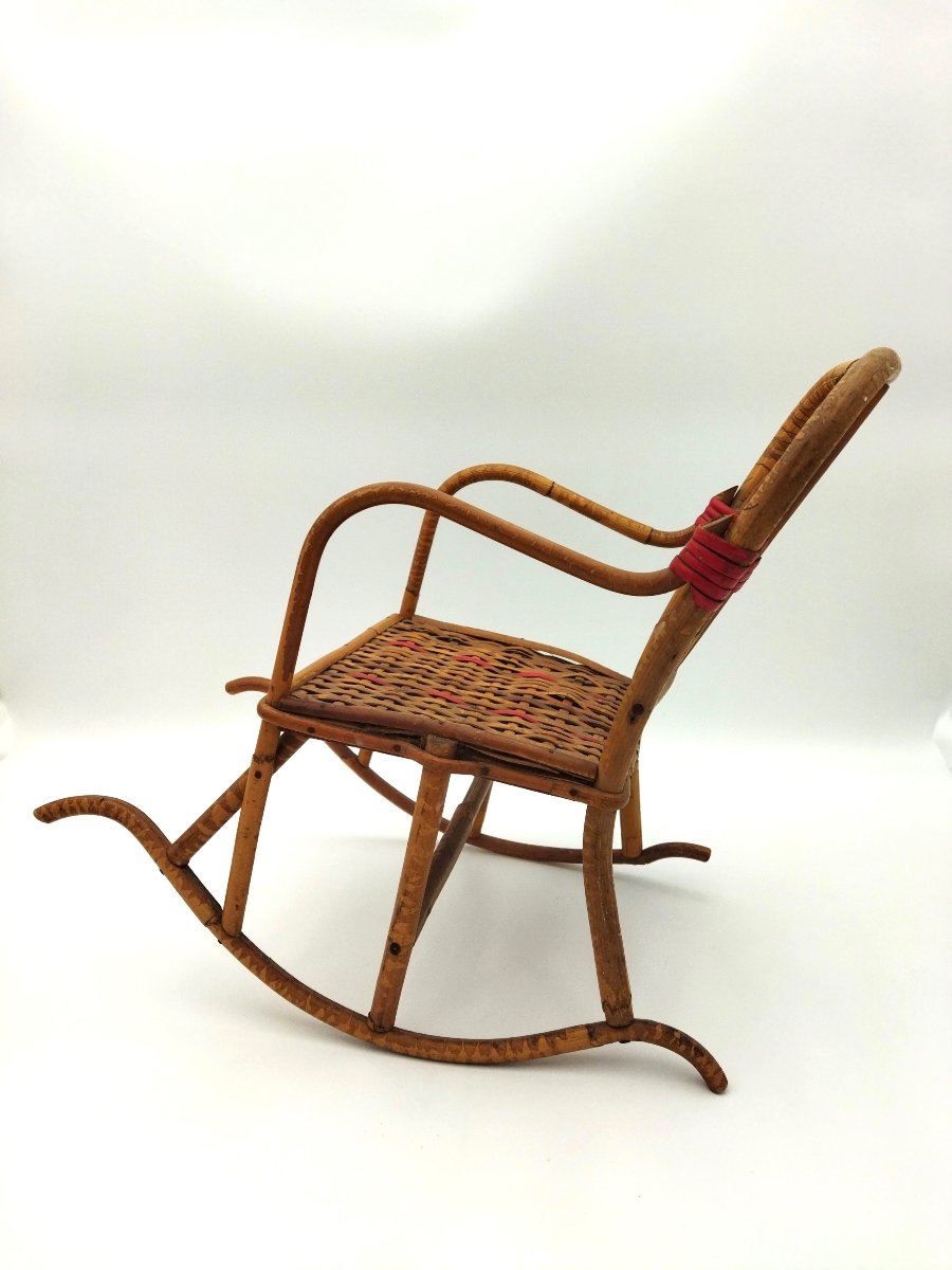 Proantic: Vintage Doll Rocking Chair In Wood & Woven Rattan - Collecti