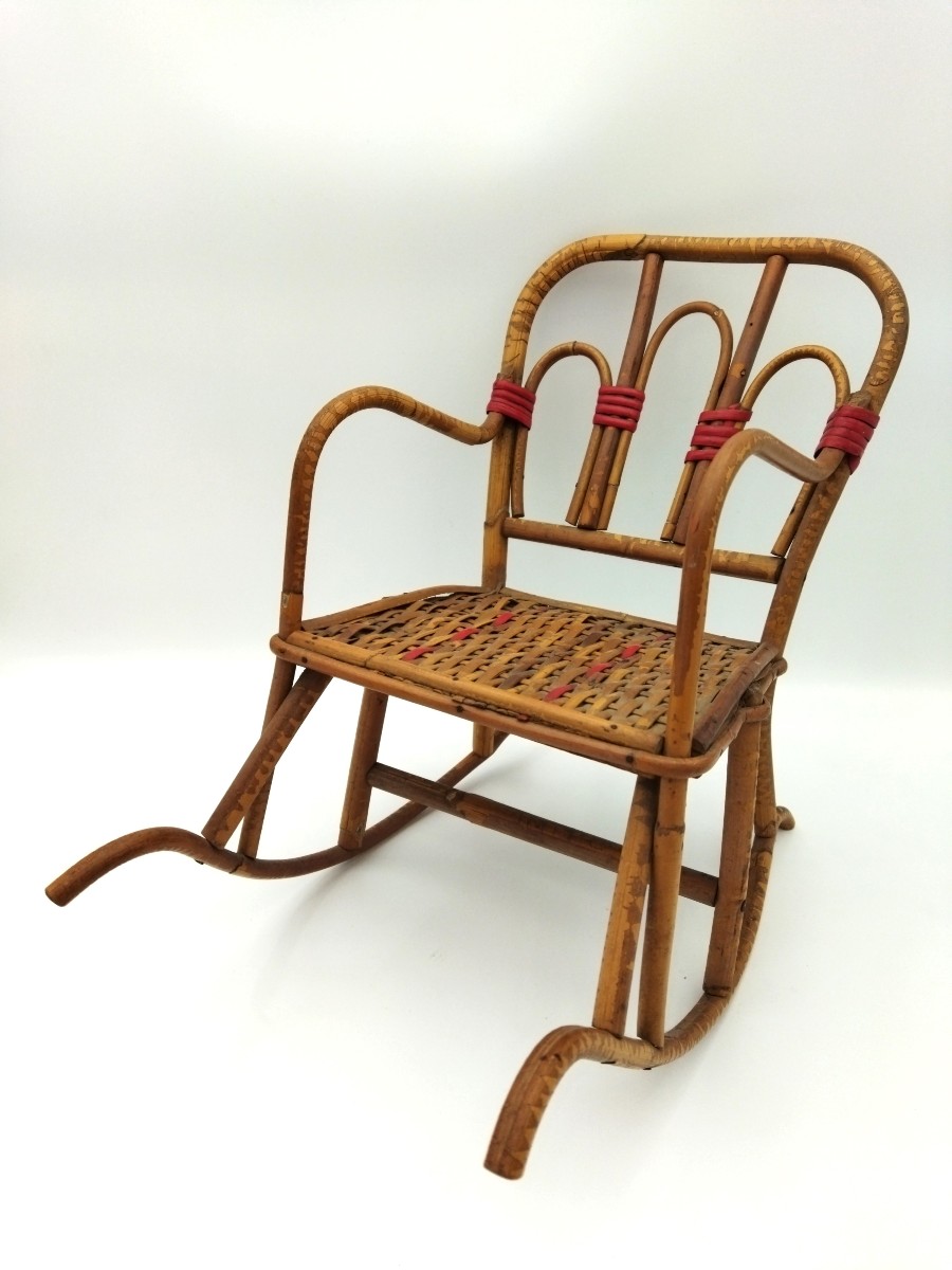 Proantic: Vintage Doll Rocking Chair In Wood & Woven Rattan - Collecti