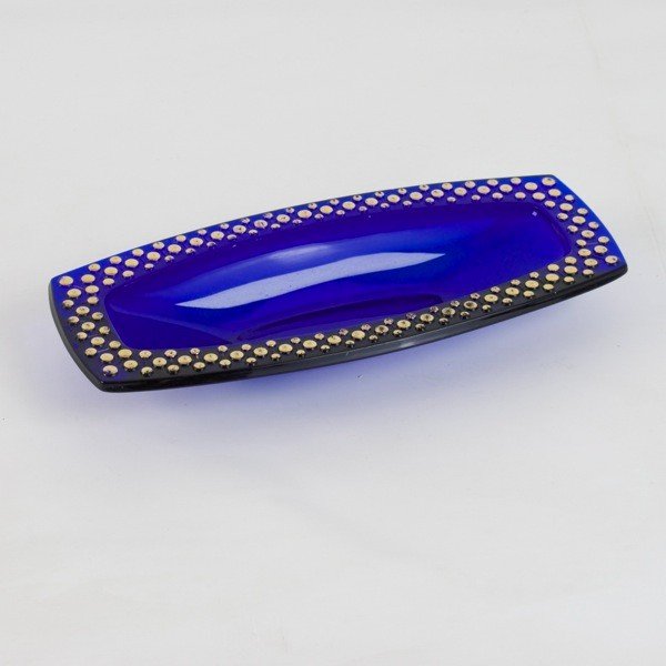 Proantic: Cobalt Blue Glass Cup With Golden Relief Decor, Rectangular,