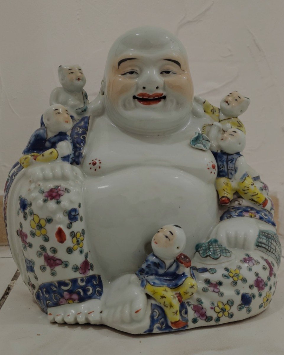 Proantic: Chine Ancien Bouddha Rieur En Porcelaine Avec C'est 5 Enfant