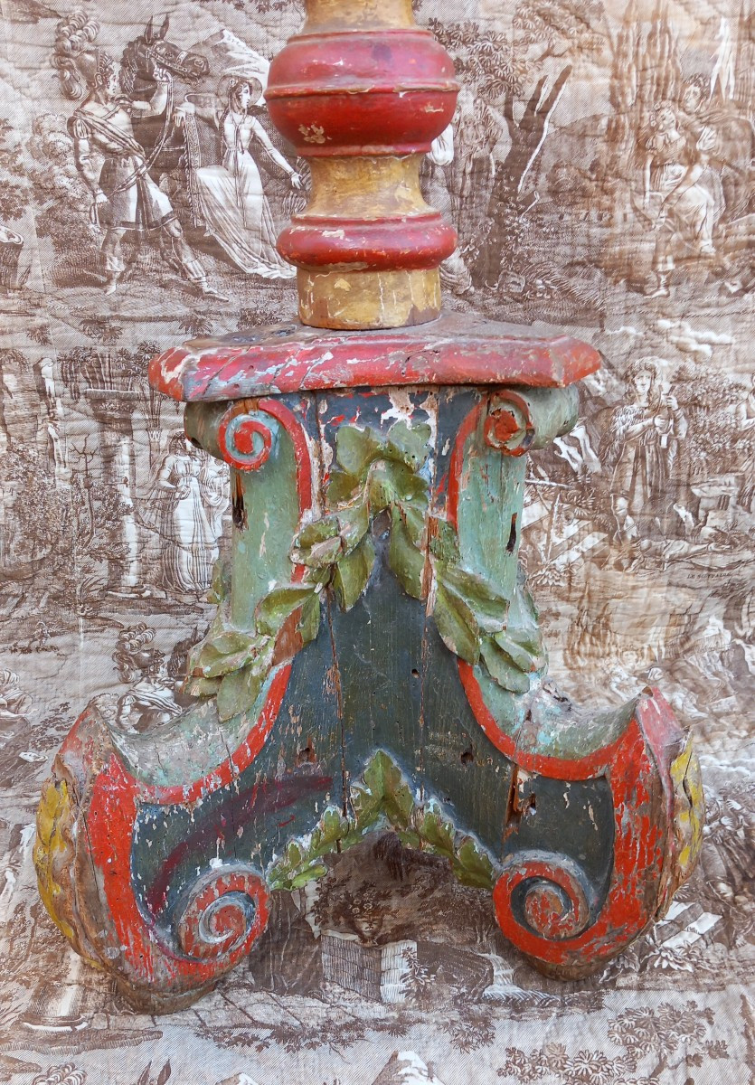 Proantic: 18th Century Church Candelabra, Carved And Painted Wood