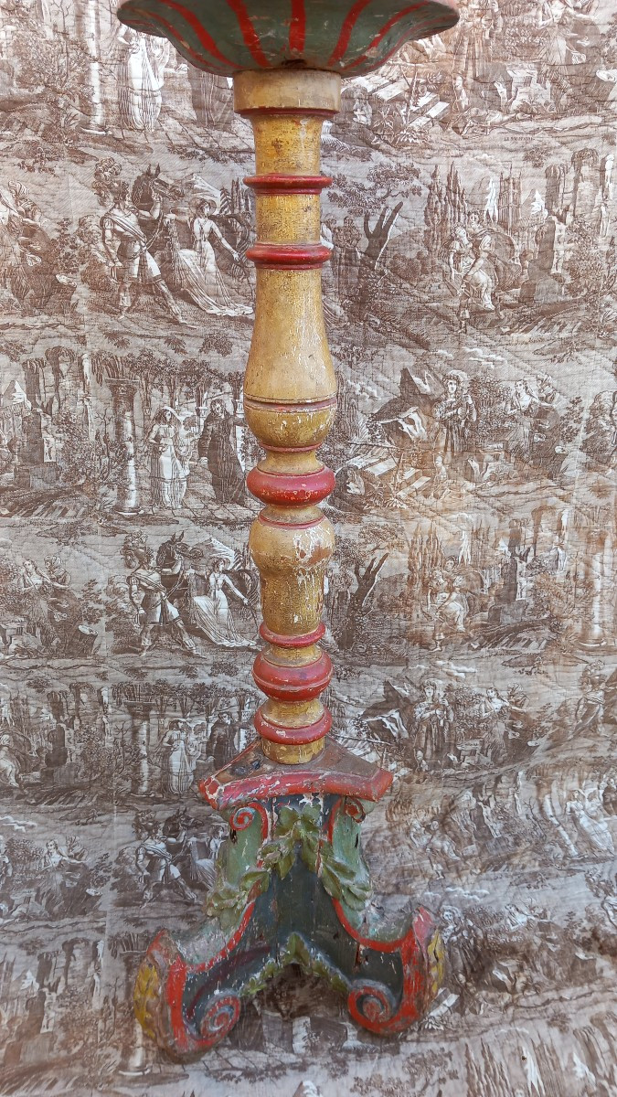 Proantic: 18th Century Church Candelabra, Carved And Painted Wood