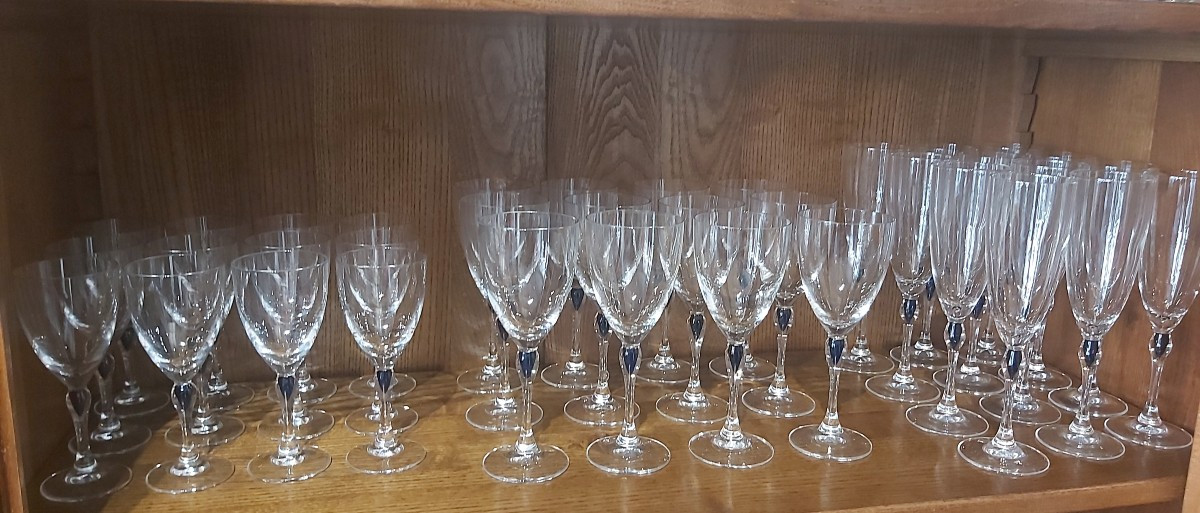 Proantic: Crystal Glass Set, Blue Drop At The Top Of The Stem.