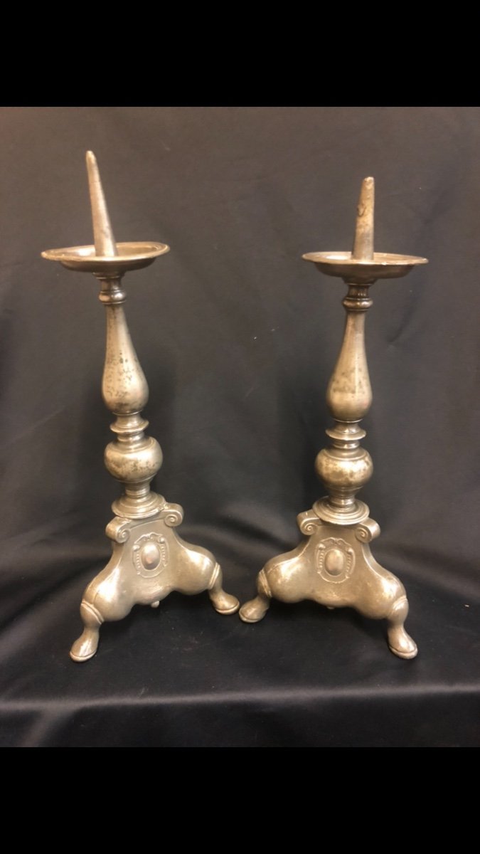 Proantic: Pair Of Candlesticks 17th Pewter