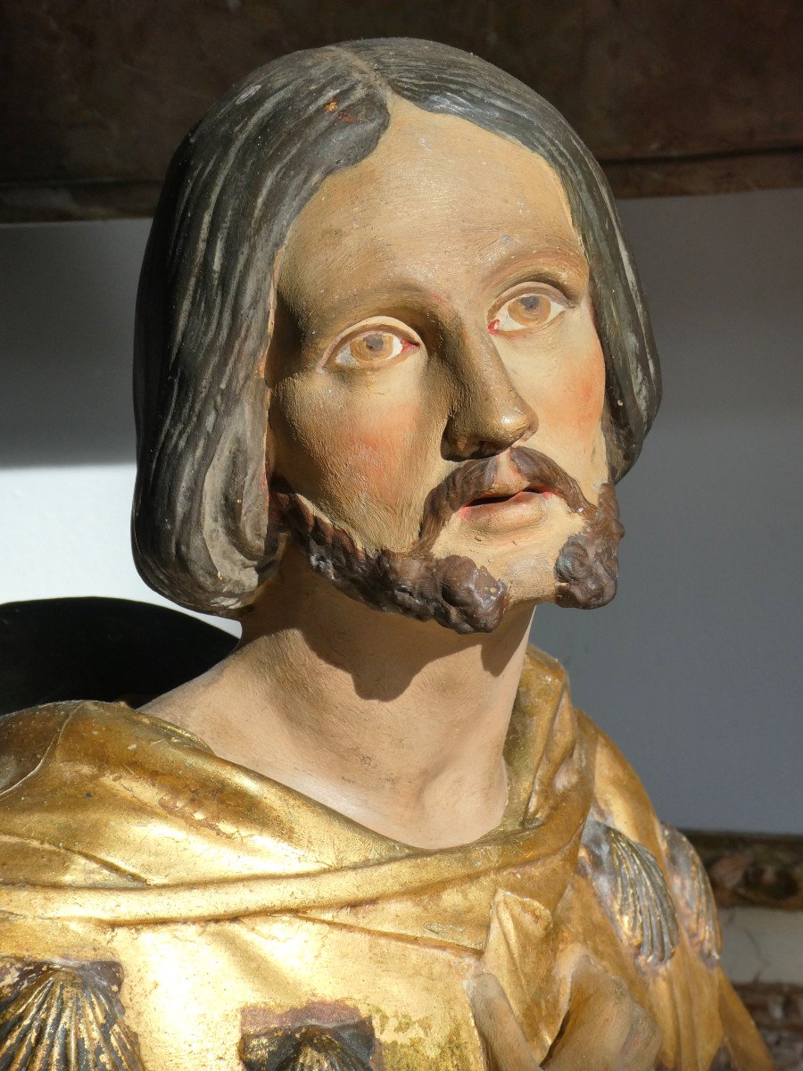 Proantic: Large Church Statue In Paper Mache Saint Roch & His Dog Napo