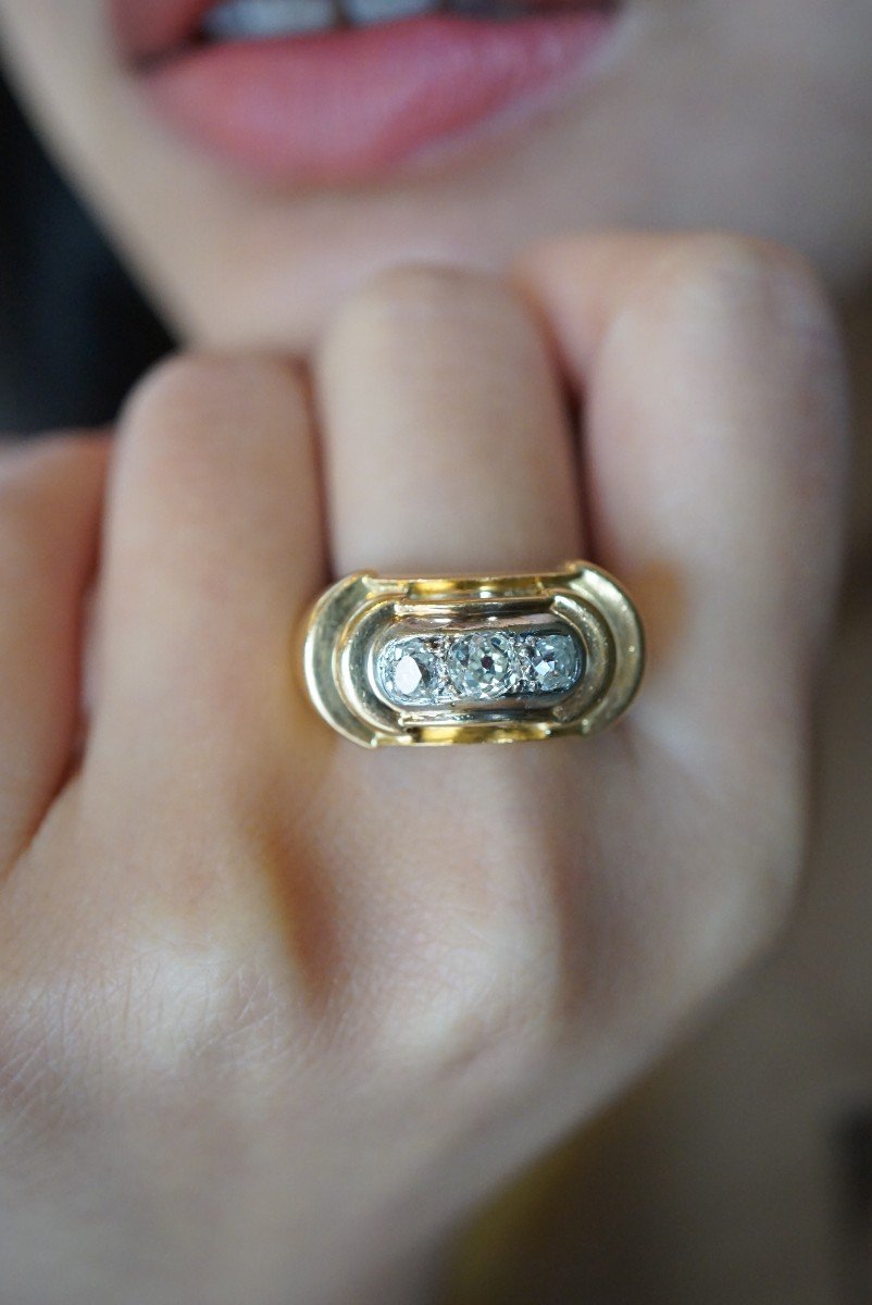 Proantic: Gold Tank Ring With Old Cut Diamonds, 1940s Ring