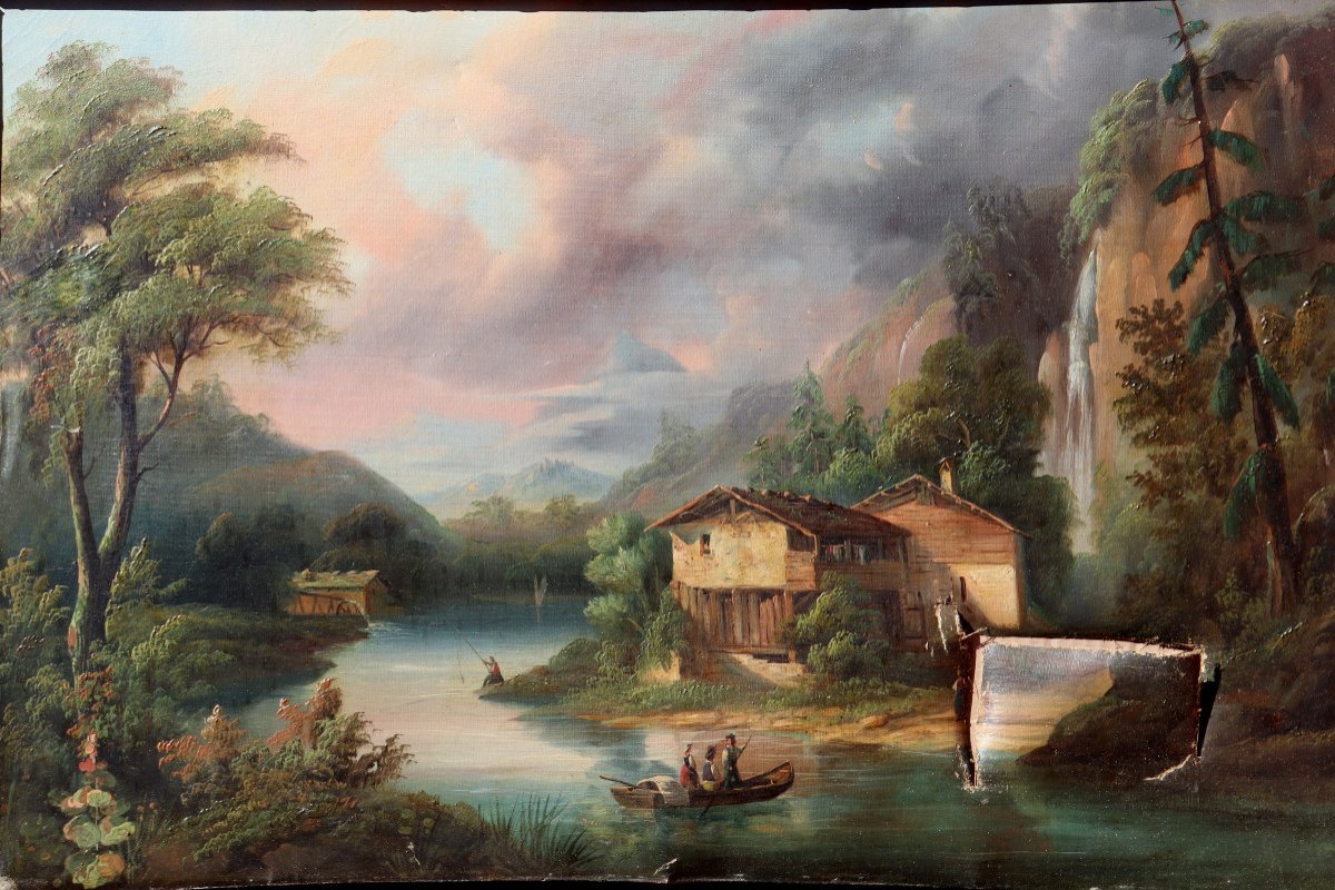 Proantic: Swiss School Circa 1860 : “landscape At The Waterfall”