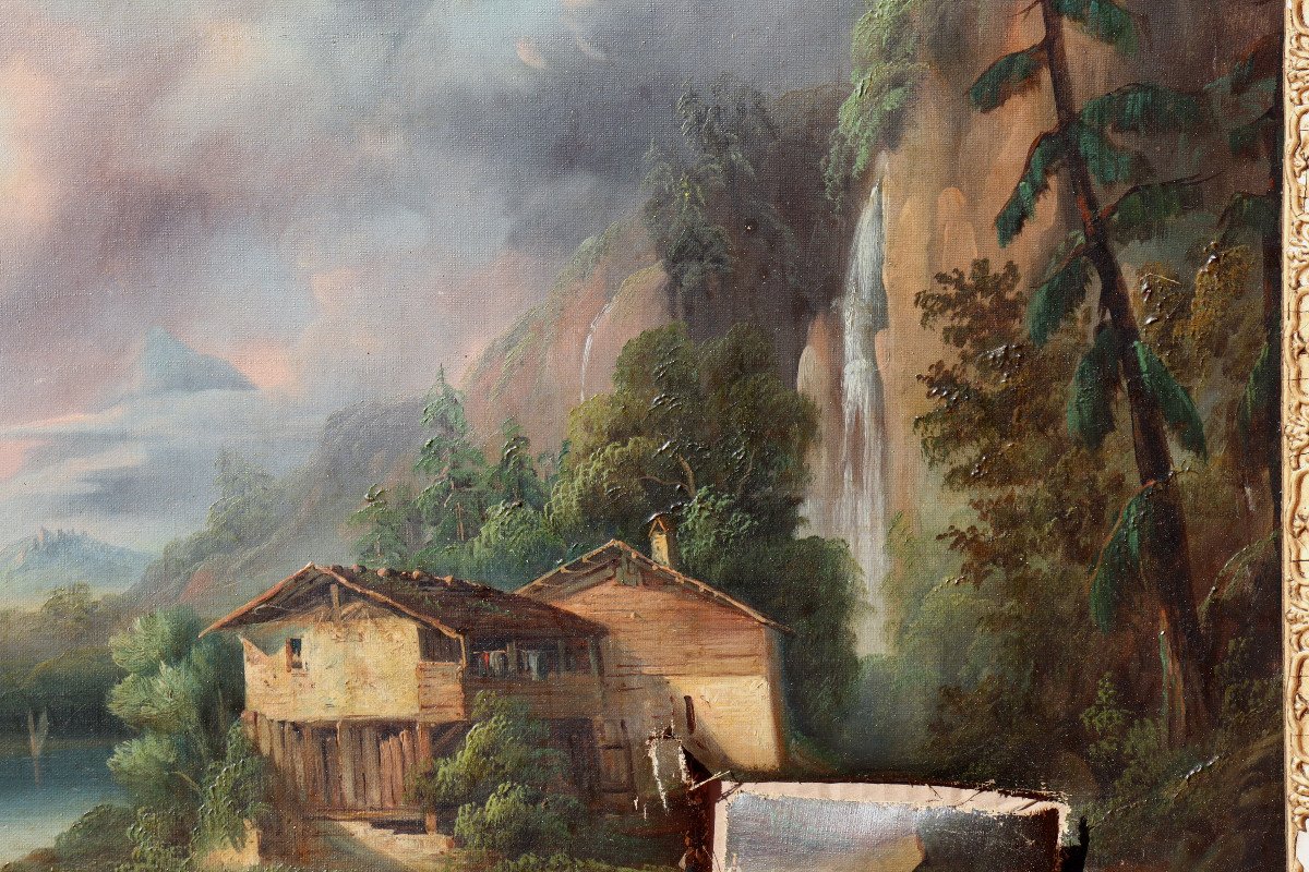 Proantic: Swiss School Circa 1860 : “landscape At The Waterfall”