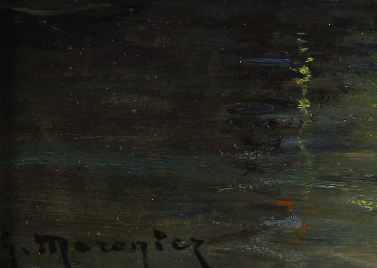 Proantic: Harbor And Fishing Boats At Dusk, Oil On Panel, By G. Maroni