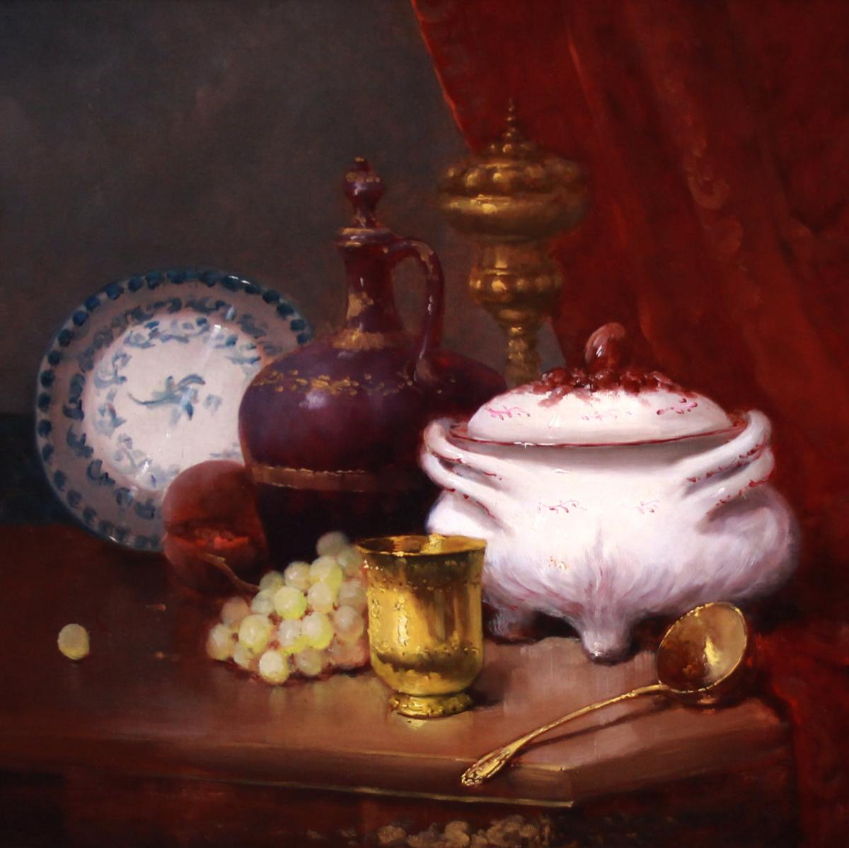 Proantic: Magnifique Tableau Nature Morte A La Soupiere En Faience Bla