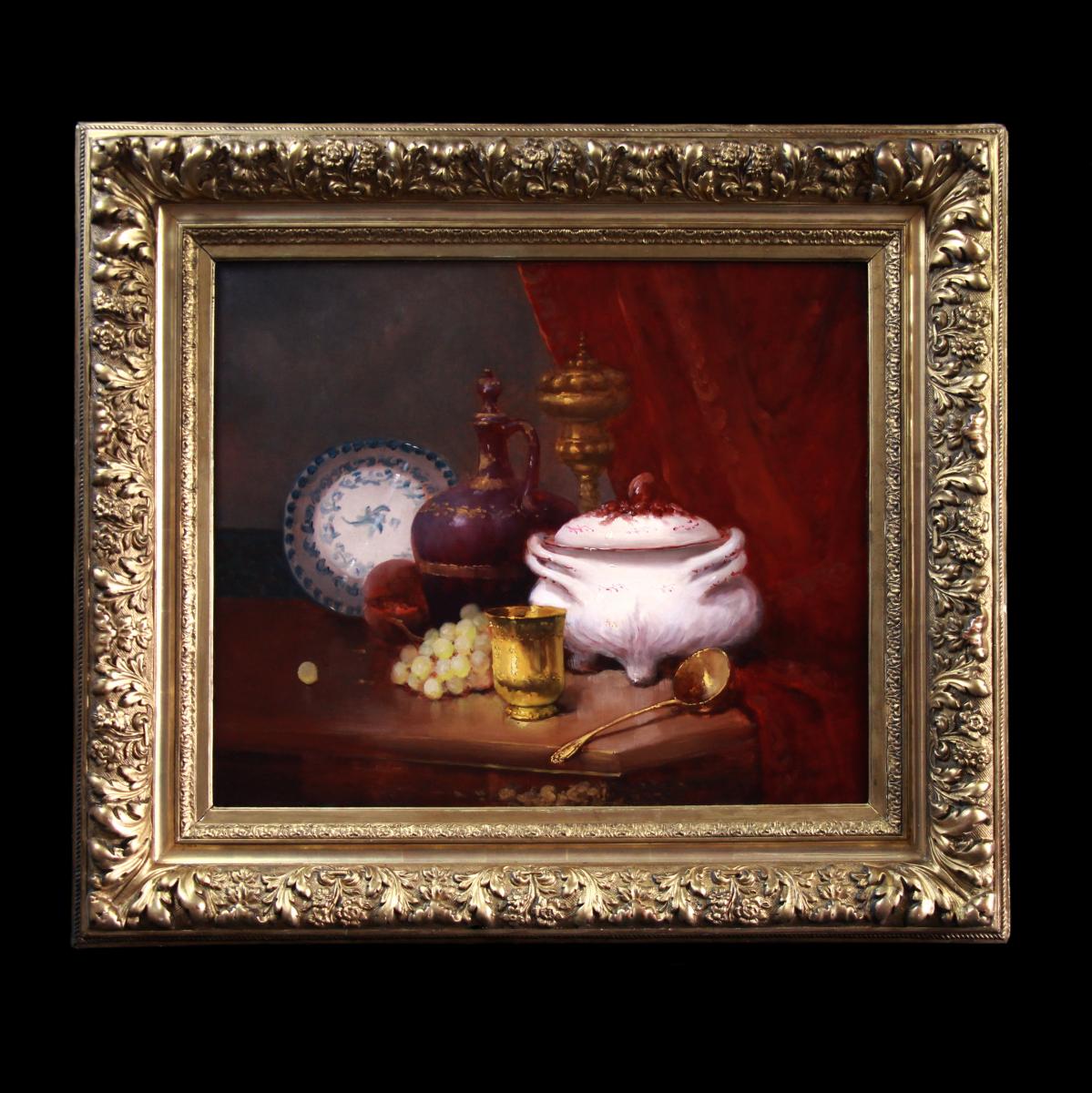 Proantic: Magnifique Tableau Nature Morte A La Soupiere En Faience Bla