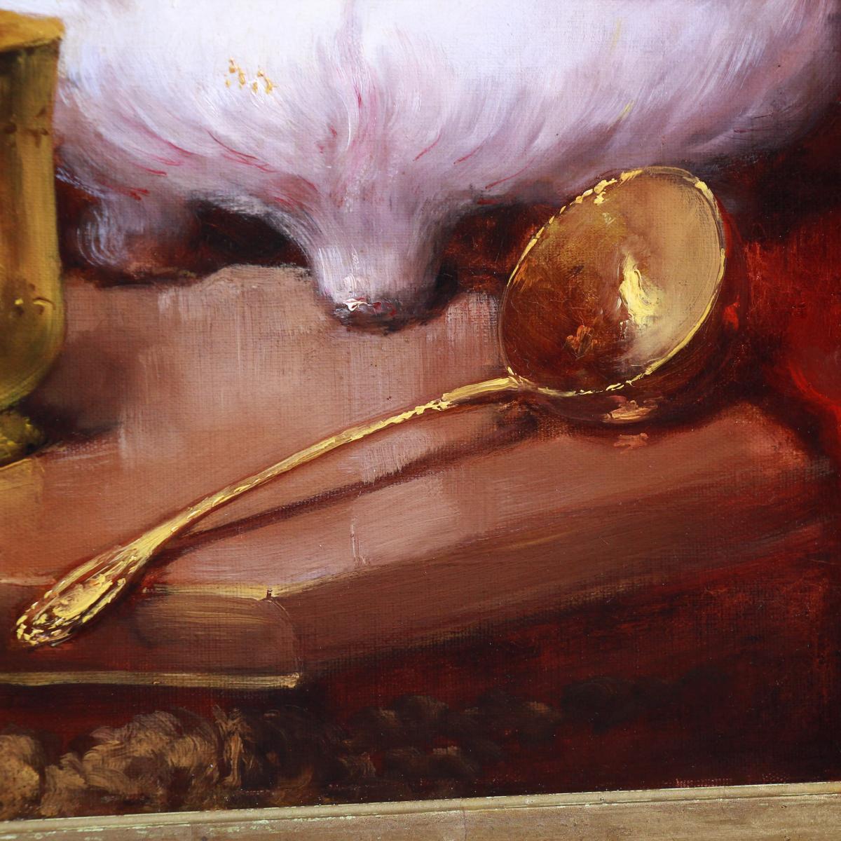 Proantic: Magnifique Tableau Nature Morte A La Soupiere En Faience Bla