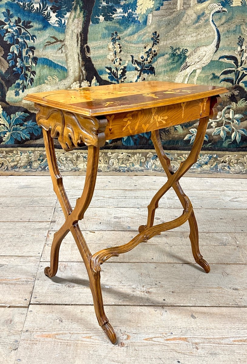 Proantic: émile Gallé - Table à Tiroir En Marqueterie Et Bois Sculp