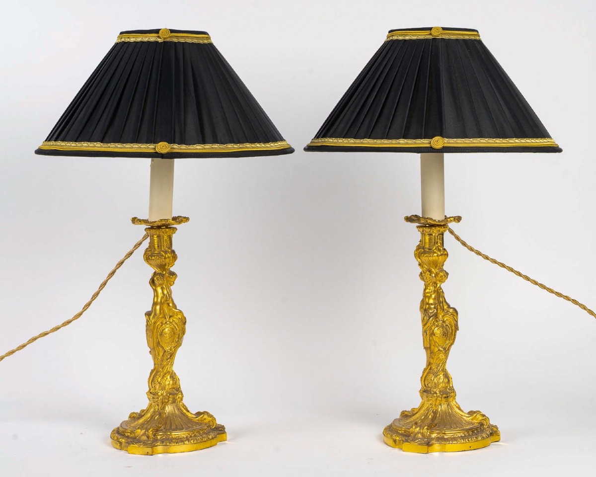 Proantic: After Juste-aurèle Meissonnier Pair Of Gilt Bronze Candlesti