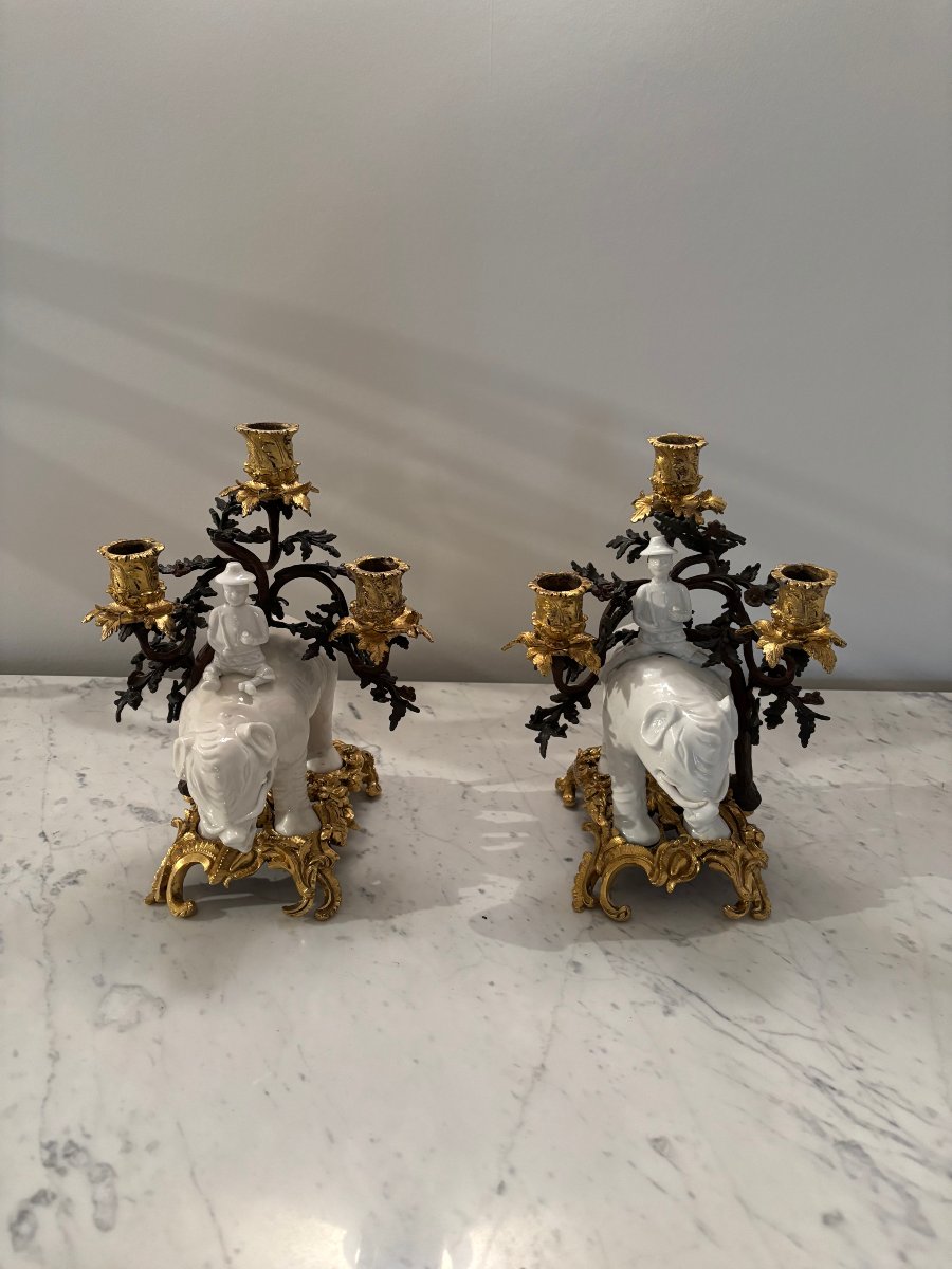 Proantic: Pair Of Kangxi-period White Porcelain Elephants Mounted As C