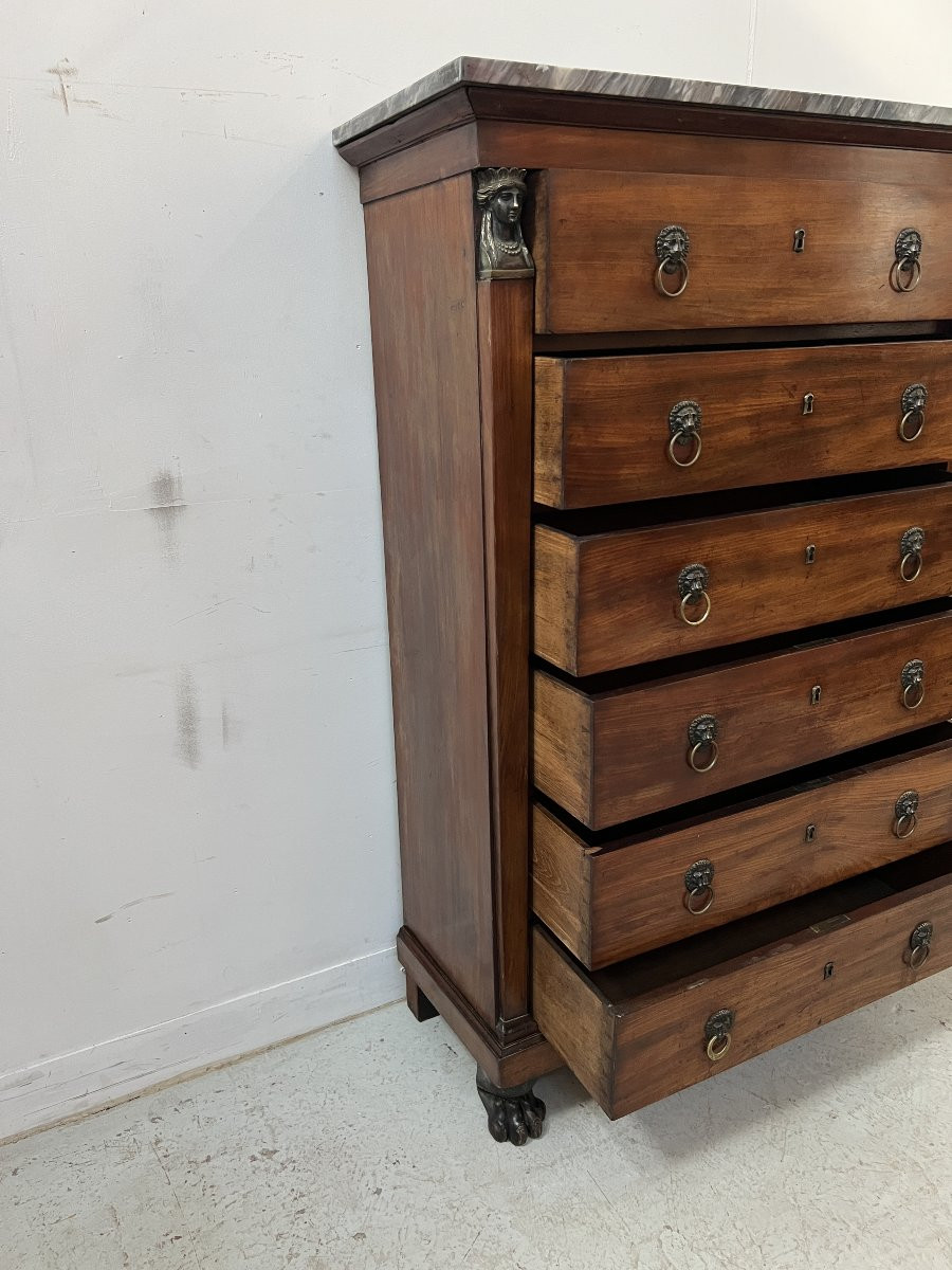 Proantic: Empire Period Chest Of Drawers In Mahogany And Veneer, 19th