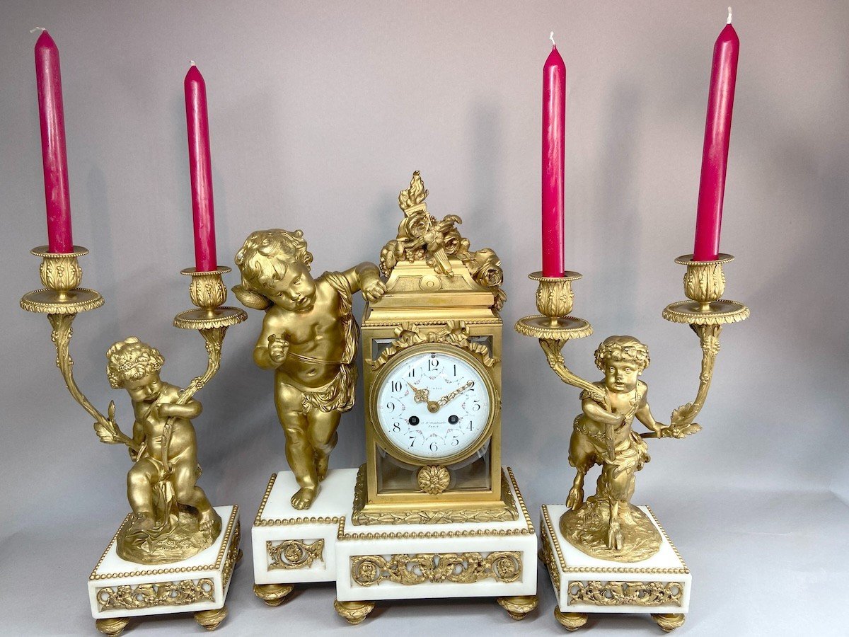 Proantic: French Louis XVI Chimney Clock Set With Two Candelabras, Mar