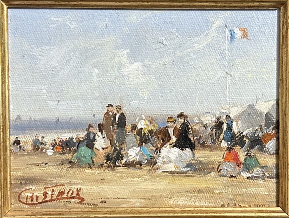 Proantic: Francis Cristaux, Lively Beach, Oil On Canvas Signed Lower L
